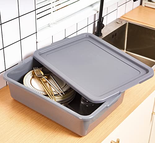 Plastic Commercial Bus Box/Utility Box 13L with lid, Grey Wash Basin Tote Box, Lidded Food Service Bus Tub, 3-Pack