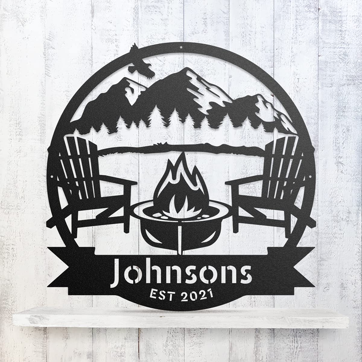 RealSteel Personalized Campfire Name Sign - Custom Metal Wall Art with Adirondack Chairs, Mountains, and Campfire Scene - Rustic Cabin, RV, and Campsite Decor - Gift for Campers & Nature Lovers - Black, 18"