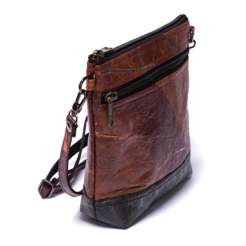 Leaf Leather Shoulder Bag Womens Crossbody Purse, Adjustable - Ethical Fashion Handmade with Tree Leaves - Brown with Black Accent
