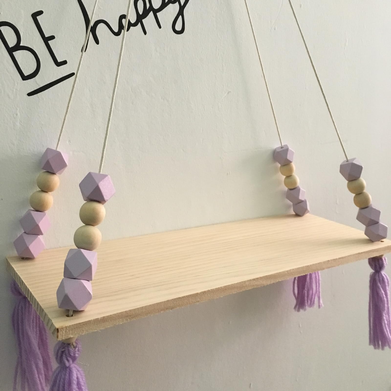 DEERWIN Hanging Shelf for Wall, Wood Hanging Shelves with Beads Tassels Boho Decor Swing Rope Rustic Floating Shelf,Wall Display Shelving Home Organizer Rack for Living Room Bedroom Kitchen (Purple)