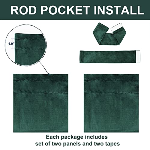 FY FIBER HOUSE 2 Window Panels, Room Darkening, Rod Pocket Super Soft Luxury Velvet, Energy Efficient, 52W x 63L, Decorative Drapes, Dark Green