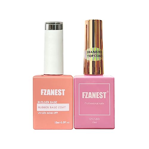 FZANEST Diamond Gel Top Coat and Clear Rubber Base Gel Polish For Nails Set,Builder Base Gel In A Bottle and No Wipe Top Coat Nail Polish Kit,Long Lasting Base Coat Ultra Shine Finish UV LED Soak Off