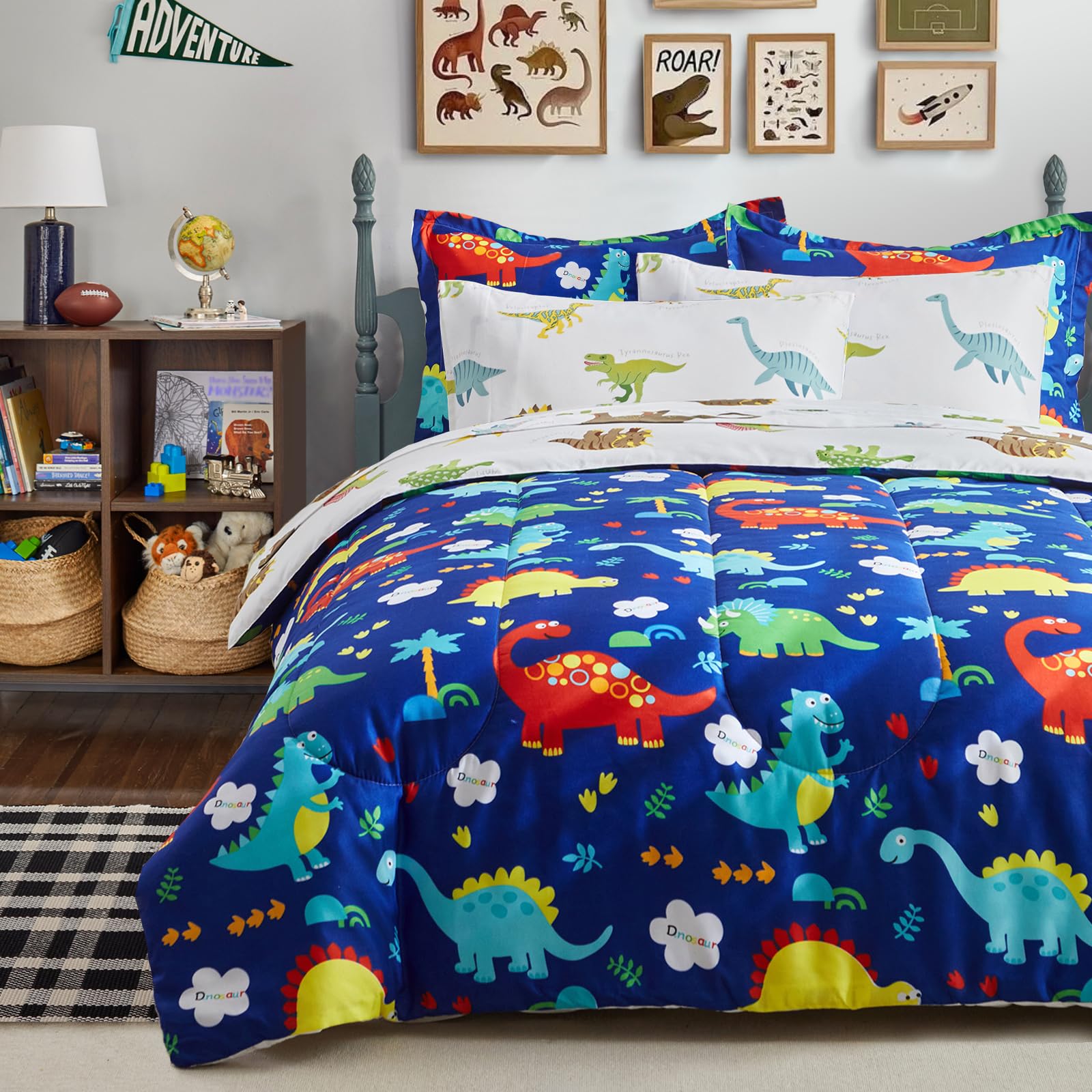 Kids Bed in a Bag Full Size Navy Dinosaur Comforter Set - Soft 7 Pcs Colorful Bedding Set for Boys Gilrs (1 Comforter, 2 Pillow Shams, 1 Flat Sheet, 1 Fitted Sheet, 2 Pillowcases)