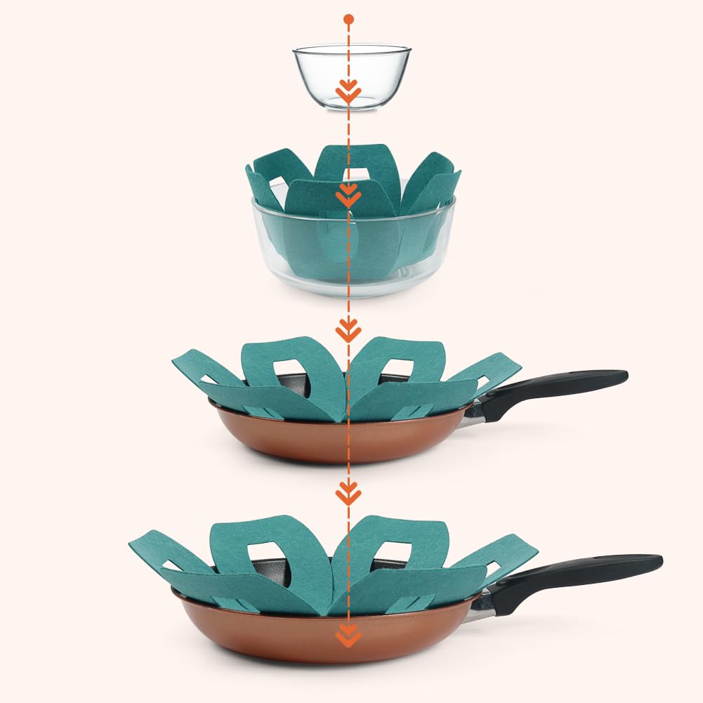 BYKITCHEN Pot Pan Protectors, Set of 6 & 3 Different Sizes, Felt Pot Protectors for Stacking, Cyan Pan Separators Protectors for Stacking and Protecting Your Cookware