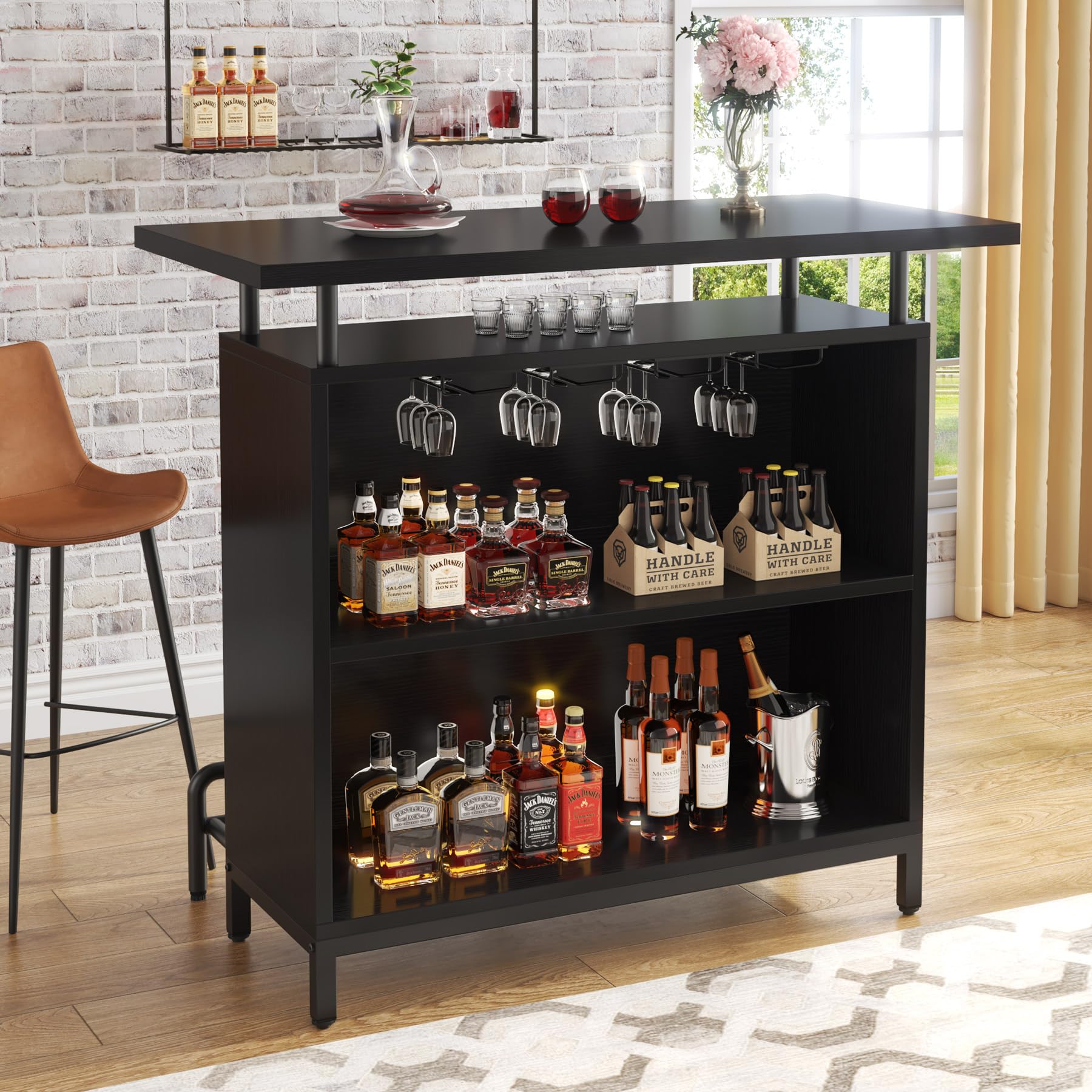 LITTLE TREE 47 Inches PU Leather Home Bar Table Unit Liquor Cabinet Glasses Holder and Metal Footrest,Wine Rack for Kitchen Living Room, 2-Tier, Black