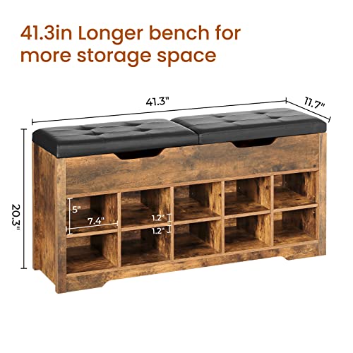 Hasuit Shoes Bench, Entryway Bench with Storage, Shoe Rack with 2 Lift Top Storage Boxes and 10 Compartments, Shoes Organizer for Entryway, Bedroom, Length 41.3ββ(Accent Brown)