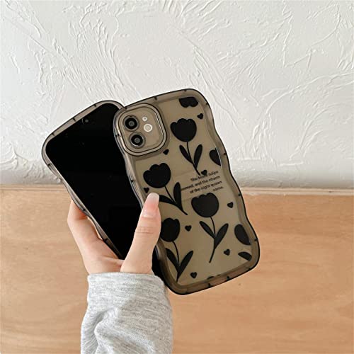 Fycyko Compatible for iPhone 14 Pro Max Case with Cute Simplicity Black Flowers Pattern Design Women Teen Girls Lens Protection Case for iPhone 14 Pro Max +Black Heart Chain