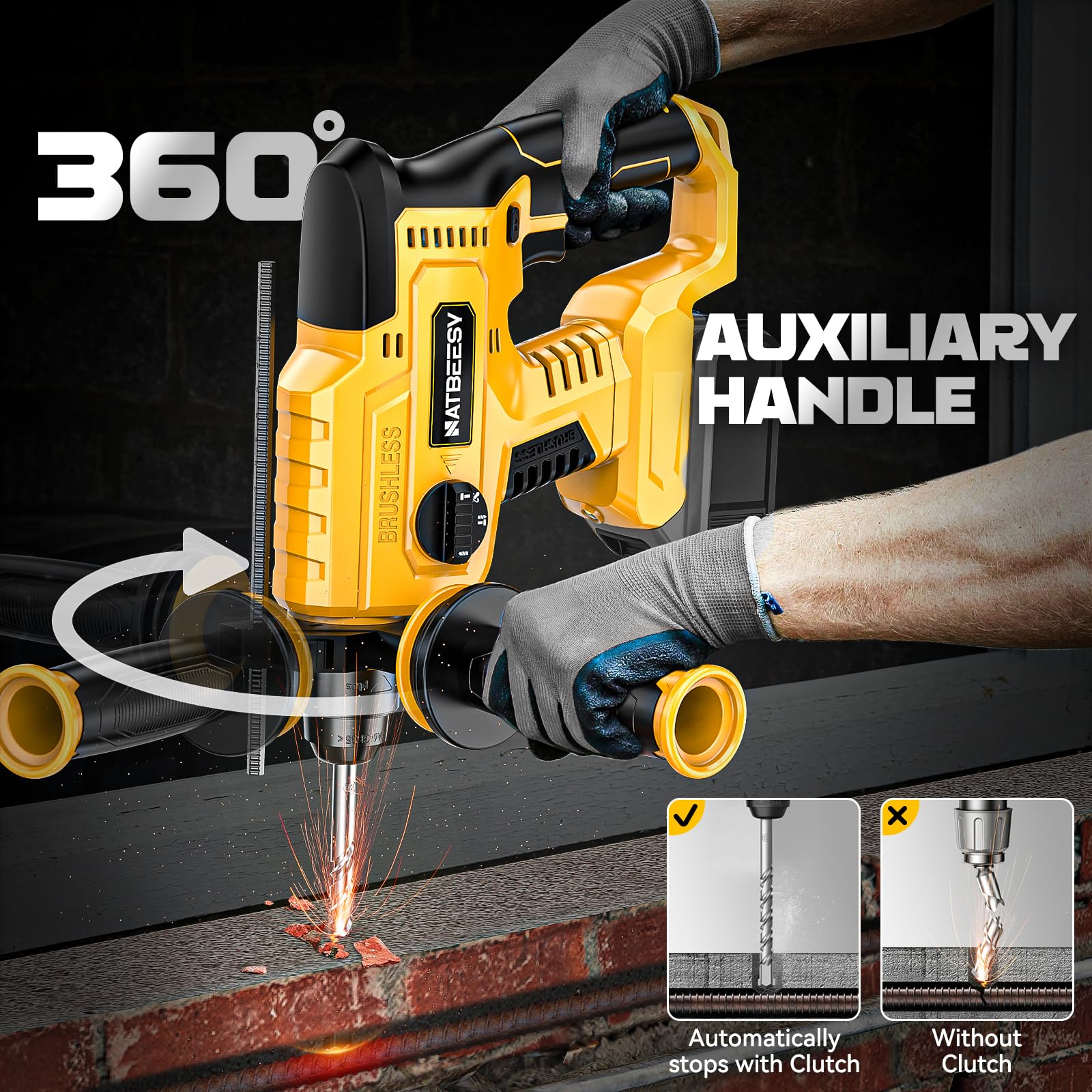 Cordless Rotary Hammer Drill for DeWalt 20V Battery: Brushless 1 Inch SDS Hammer Drill for Concrete - 4 Mode - 2.5 Joules -1500 RPM - with 360° Auxiliary Handle and 4 Drill Bits, Tool Only
