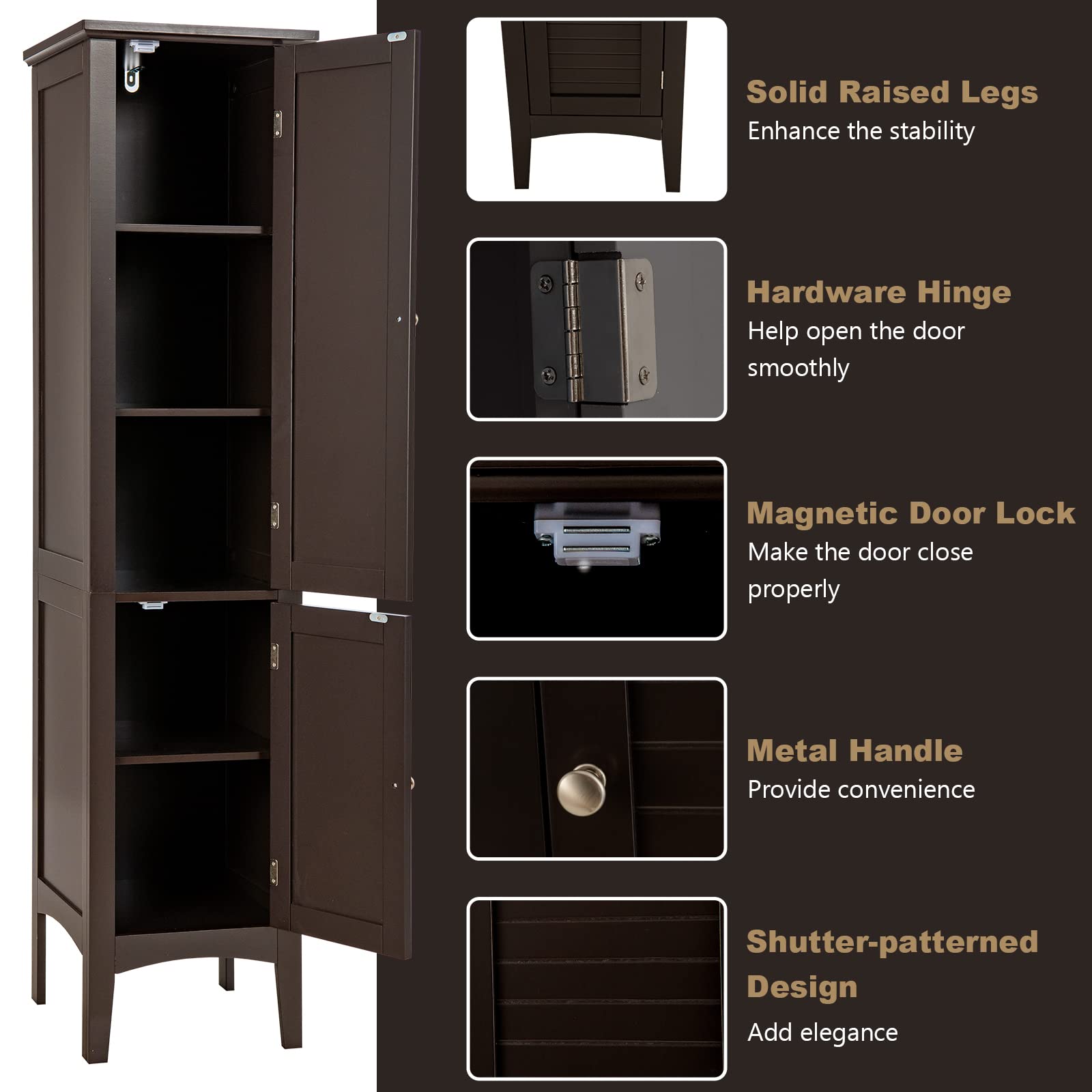 Tangkula Tall Bathroom Storage Cabinet, 5-Tier Wooden Freestanding Tower Cabinet, Narrow Storage Floor Cabinet w/2 Doors & Shelves for Bathroom Living Room Kitchen (Brown)