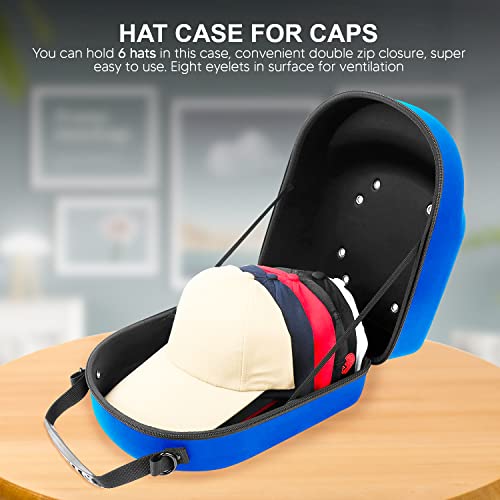 Hat Case for Caps - Cap Storage for Baseball Caps with Carrying Handle & Shoulder Strap β Hard EVA material - This Organizer Holder Protects up to 6 Hats - Ideal for Traveling & At-Home Storage (Blue)