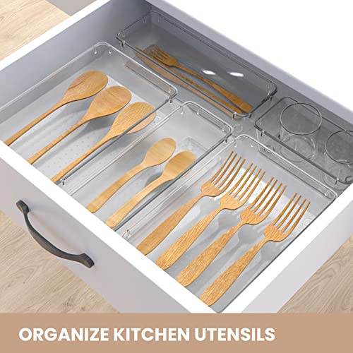 HAMOPY Drawer Organizer, 22 Pcs PET Drawer Organizer Set with Nonslip Silicone Pads, 4 Size Clear Drawer Organizer Trays Vanity Dividers Storage Bins for Makeup, Jewelry, Office, Bedroom and Bathroom