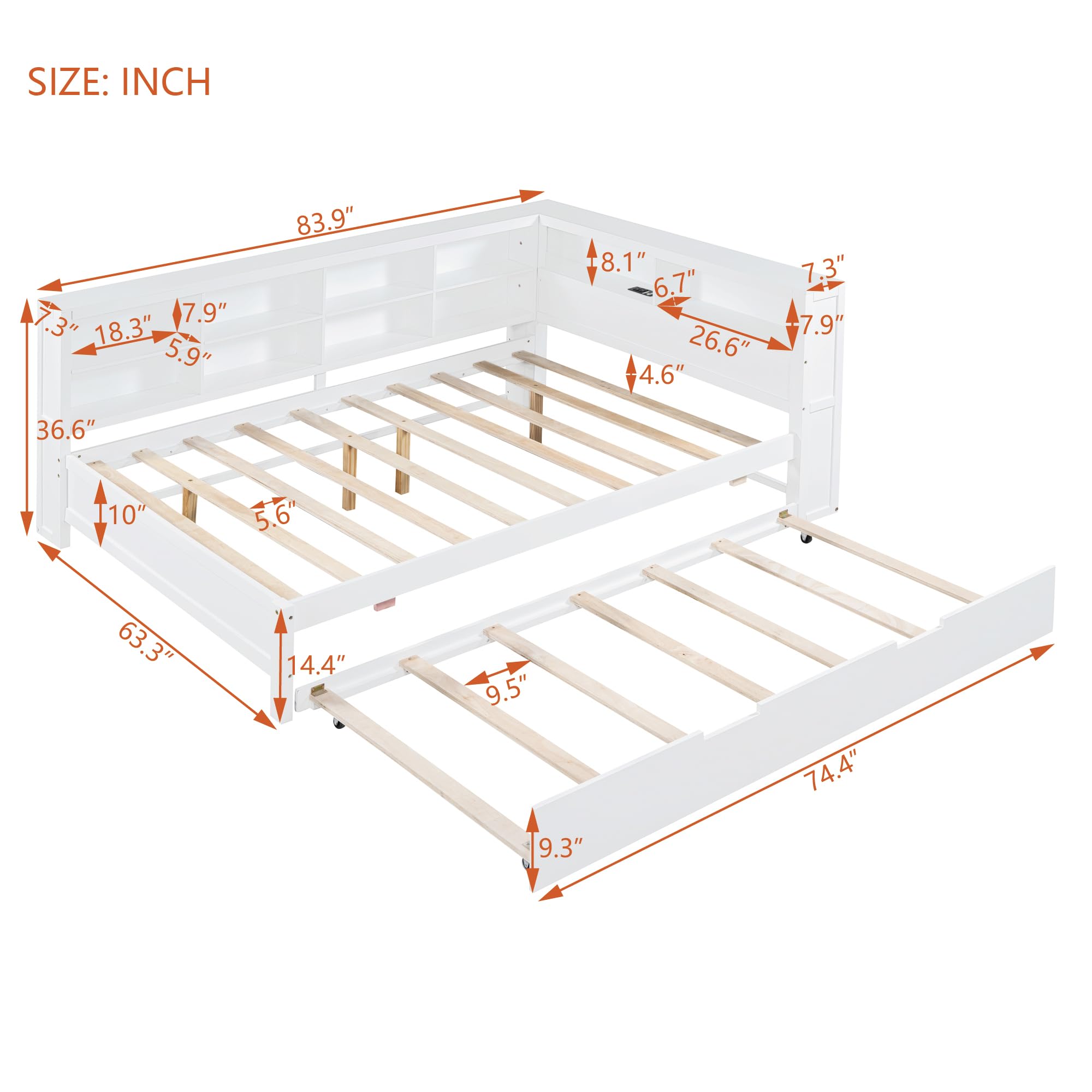 DEINPPA Full Size Platform Bed with L-Shaped Bookcase and Trundle, Wooden Captain Bed Frame with Bookcase Headboard for Kids Teens Boys Girls, No Box Spring Needed-White