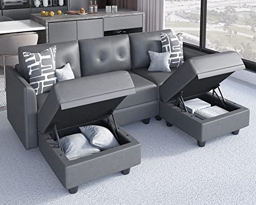 LLappuil Convertible Modular Sofa Faux Leather Fabric U Shaped Sectional with Reversible Chaise, 5 Seater Storage Sofa Sleeper Couch with Ottoman, Dark Grey