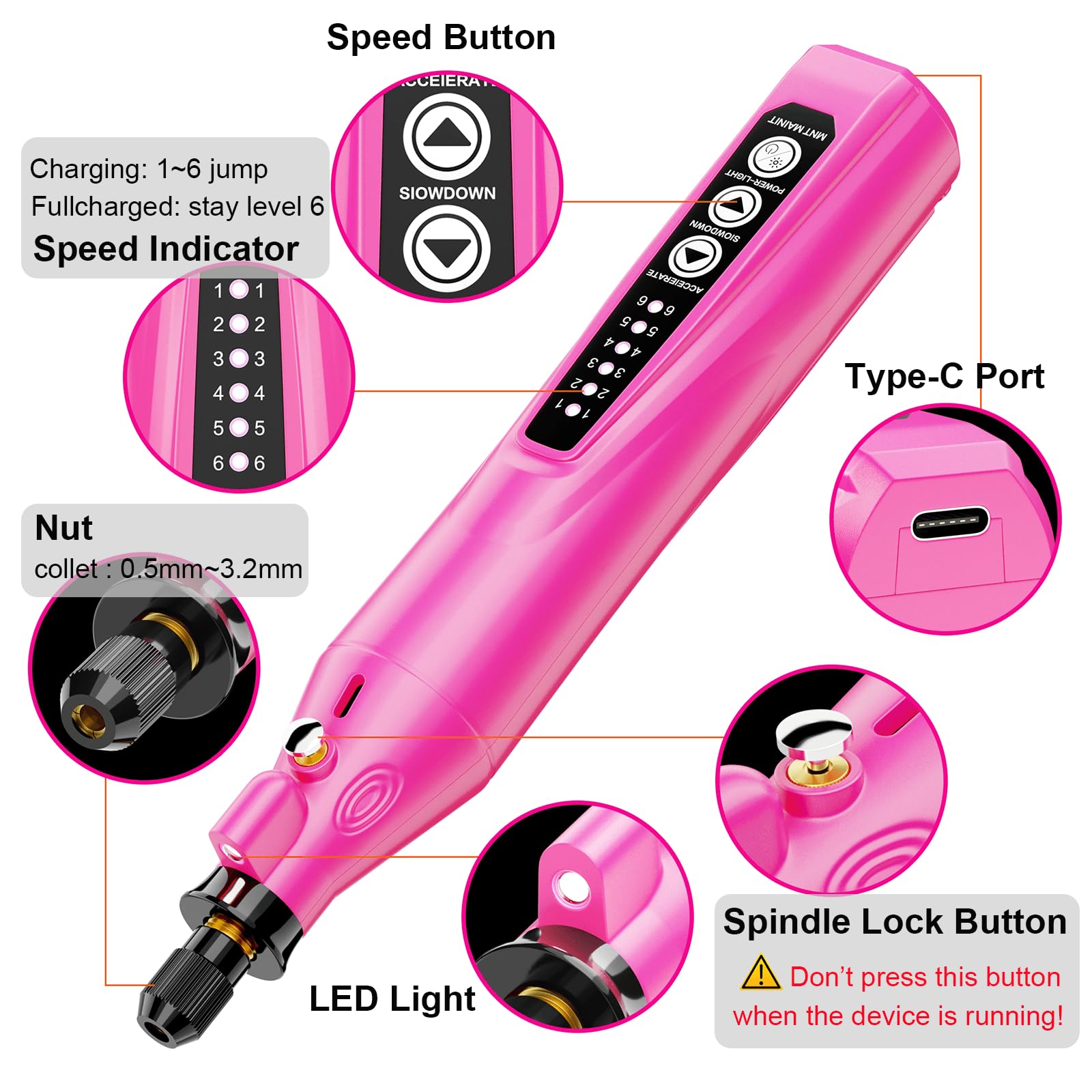 Cordless Rotary Tool, 6 Speed 4V USB Charging Rotary Tool Kits with 62 Accessories, Multi-Purpose Power Rotary Tools for Sanding, Cutting Polishing, Drilling, Engraving, DIY Creations. (Pink)