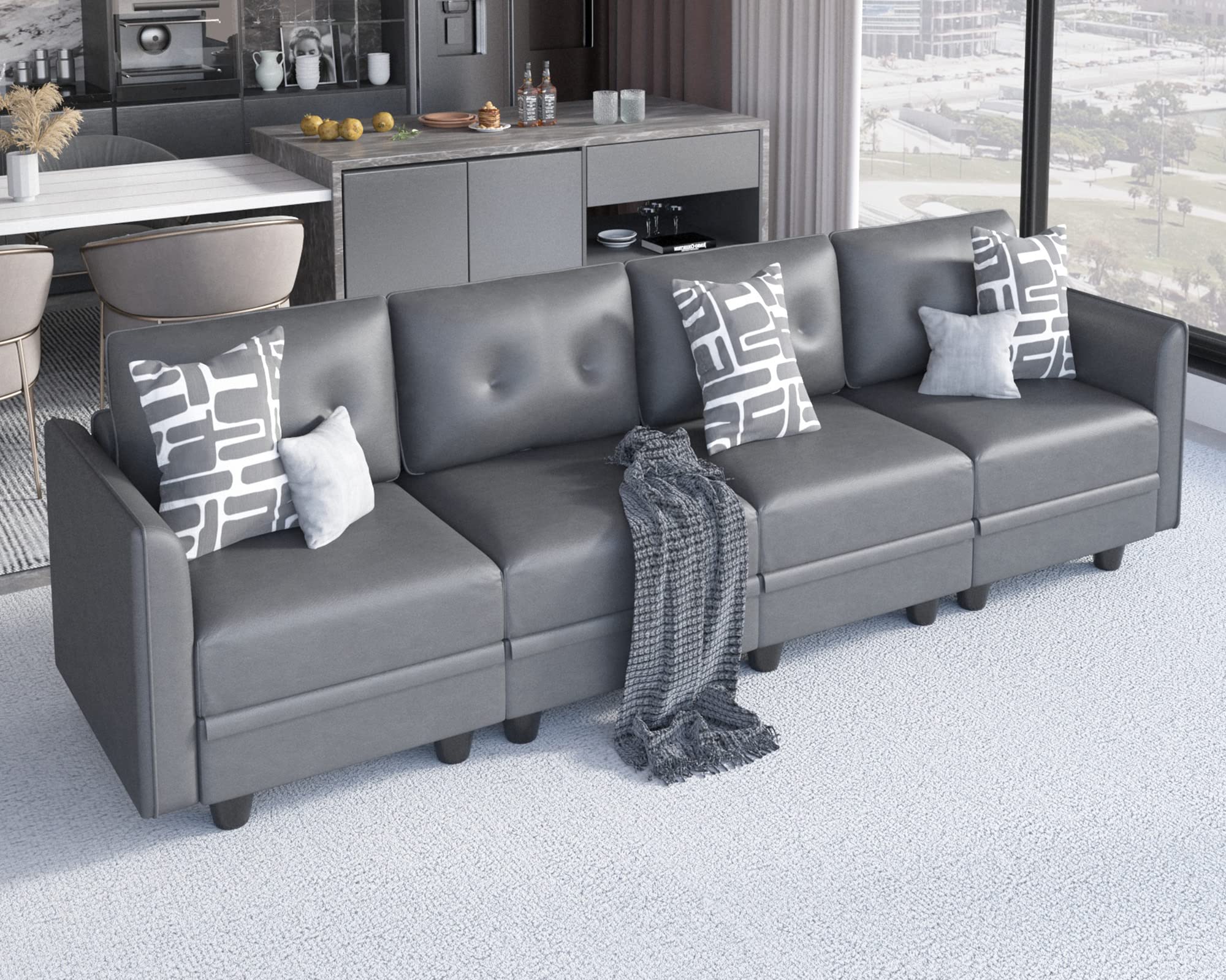 LLappuil Modular Sofa Faux Leather Fabric 102" Sectional Couch 4 Seater with Storage Seat, Modern Sectional Sofa for Living Room, Office, Dark Grey