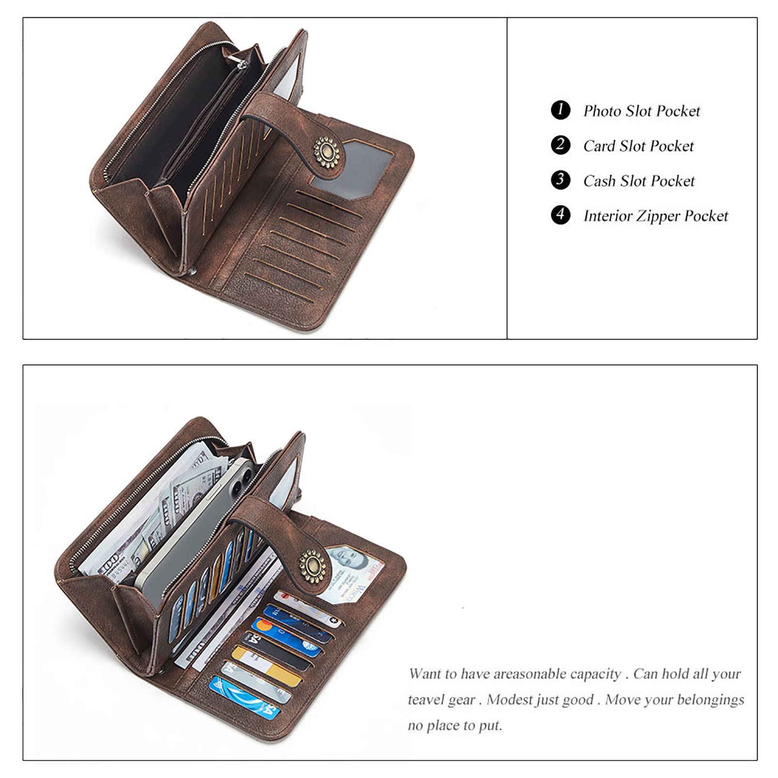 Telena Womens Wristlet Wallets Leather Large Trifold Clutch Purse Credit Card Holder Coffee