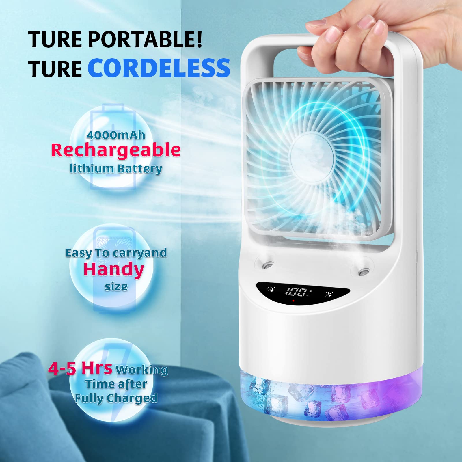 Portable Air Conditioner Fan, Rechargeable Evaporative Air Cooler, Personal Air Cooler Humidifier with 3-Speed, 90° Oscillating, 7 Colors Light, Aroma Discs, Desk Cooling Fan for Home Office Camping