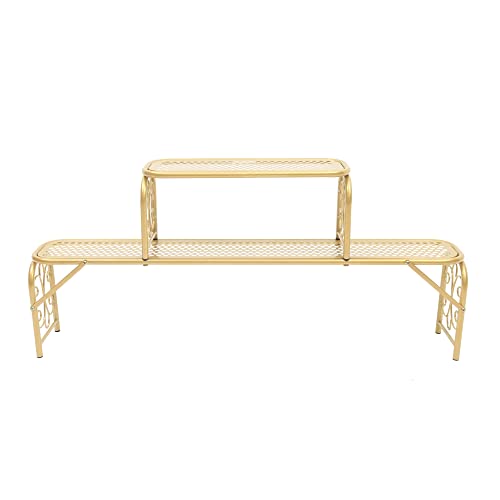 JEROAL Over Sink Organizer Shelf, 2 Tier Metal Kitchen Corner Rack, Bathroom Vanity Countertop Storage, Space Save Balcony Window Plant Shelf Riser with Scrollwork Design, Gold