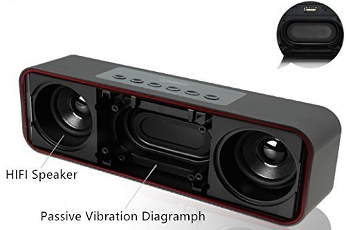 Portable Bluetooth Stereo Speaker, with 2x5W Acoustic Drivers, Dual Subwoofer, FM Radio, Handsfree Speakerphone, Slots for Micro SD Card, USB and AUX-in, for Smart Phone, MP3, MP4, iPad, Tablet