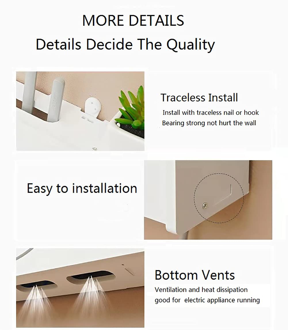Noviko WiFi Router Modem Cable Power Plug Wire Storage Boxes Wall Mount Floating Shelf Multi-Function Storage Rack