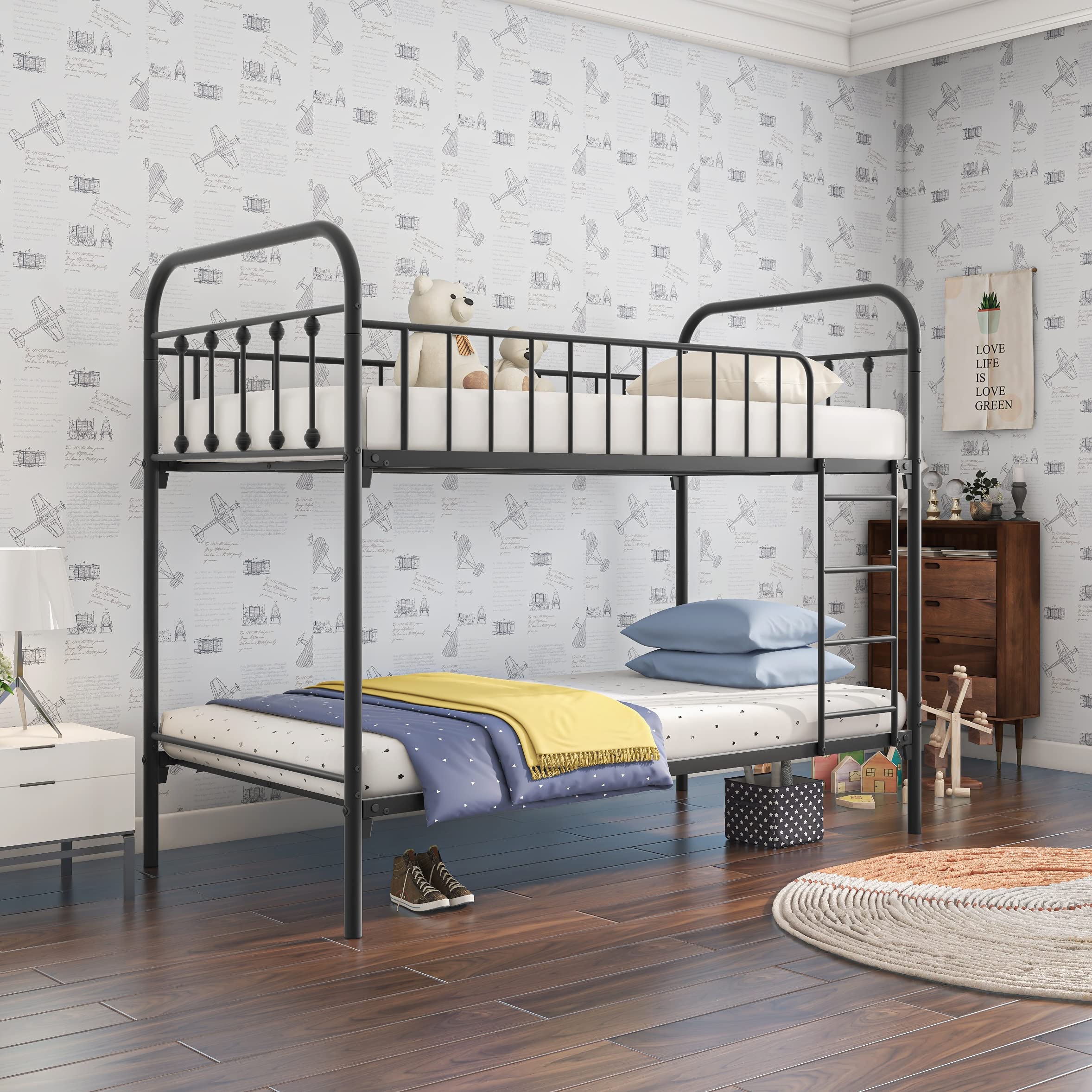 BOFENG Twin Over Twin Metal Bunk Beds with Side Ladders, Heavy Duty Bed Frame with Guardrail for Dormitory Bedroom Boys Girls Adults,No Box Spring Needed,Black