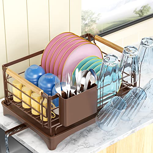 G-TING Dish Drying Rack, Dish Rack for Kitchen Counter, Rust-Proof Iron Dish Drainer with Drying Board and Utensil Holder for Kitchen Counter Cabinet, 16.6â LĂ 12.6âWĂ 7.8âH, Coffee Brown