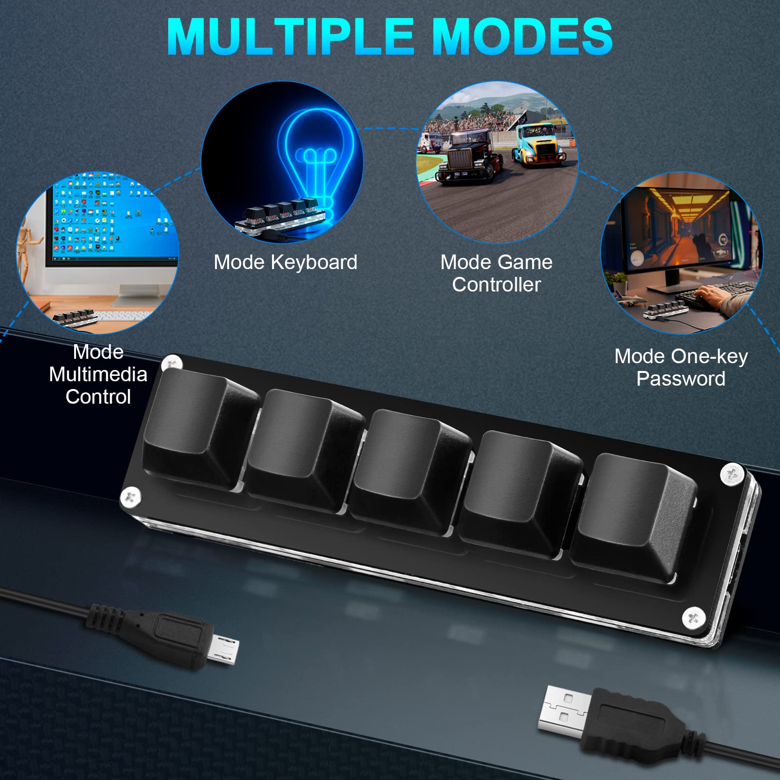 Ecarke Upgrade Black 5 Keys Mini Macro Mechanical Keyboard Gaming Keypad Hot Swap Game Keyboards USB Data Cable for Windows Mac OSU HID Standard Keyboard Cherry Shaft & RGB LED