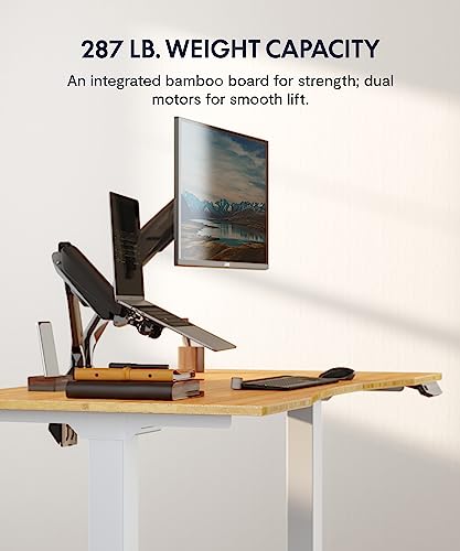 FLEXISPOT Pro Bamboo 3 Stages Dual Motor 60x30 Inch Electric Standing Desk Bamboo Contour Whole-Piece Board Height Adjustable Desk Electric Stand Up Desk (White Frame + Bamboo Curved Desktop)