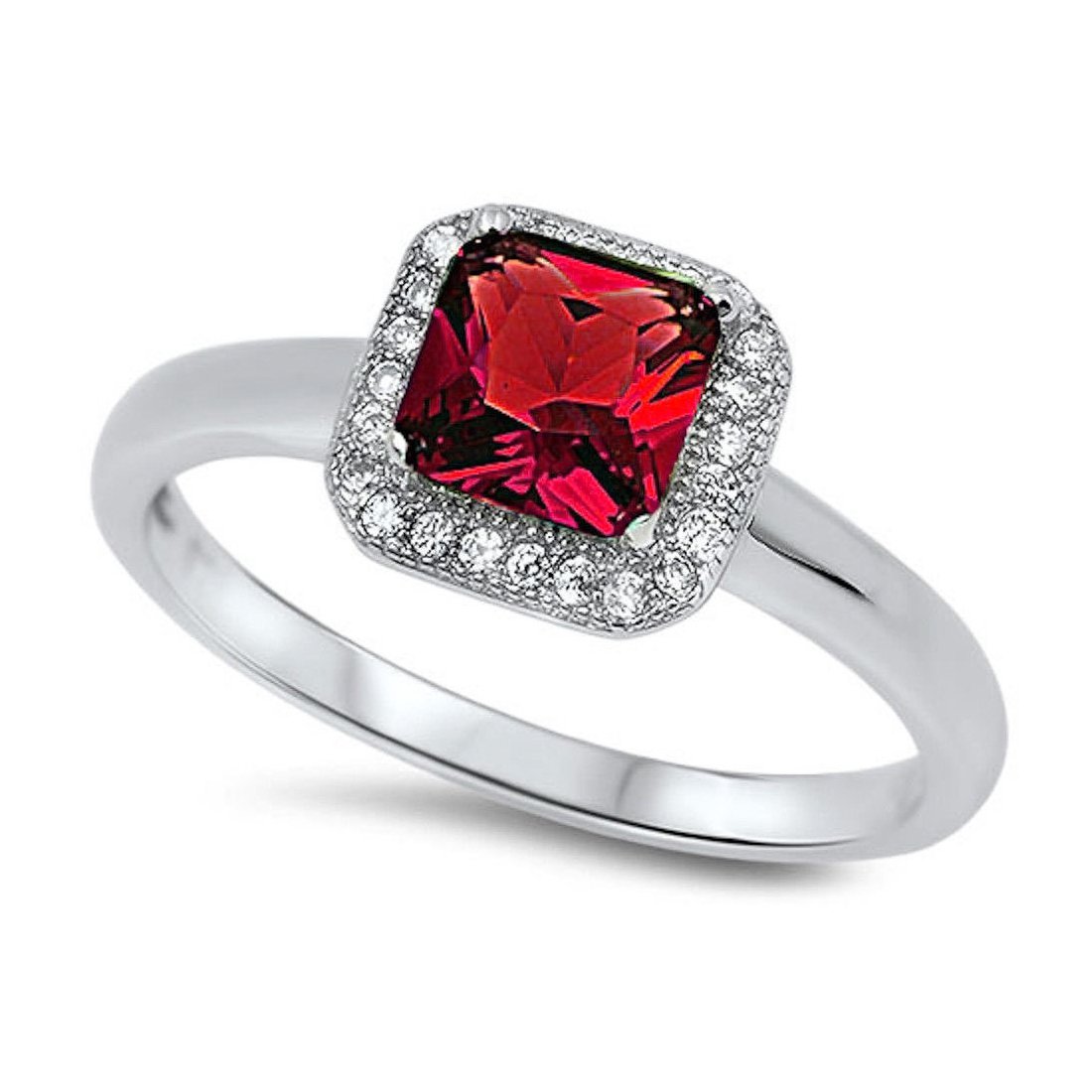 Blue Apple Co. Halo Wedding Engagement Ring Princess Cut Square Simulated Red Ruby Round CZ 925 Sterling Silver