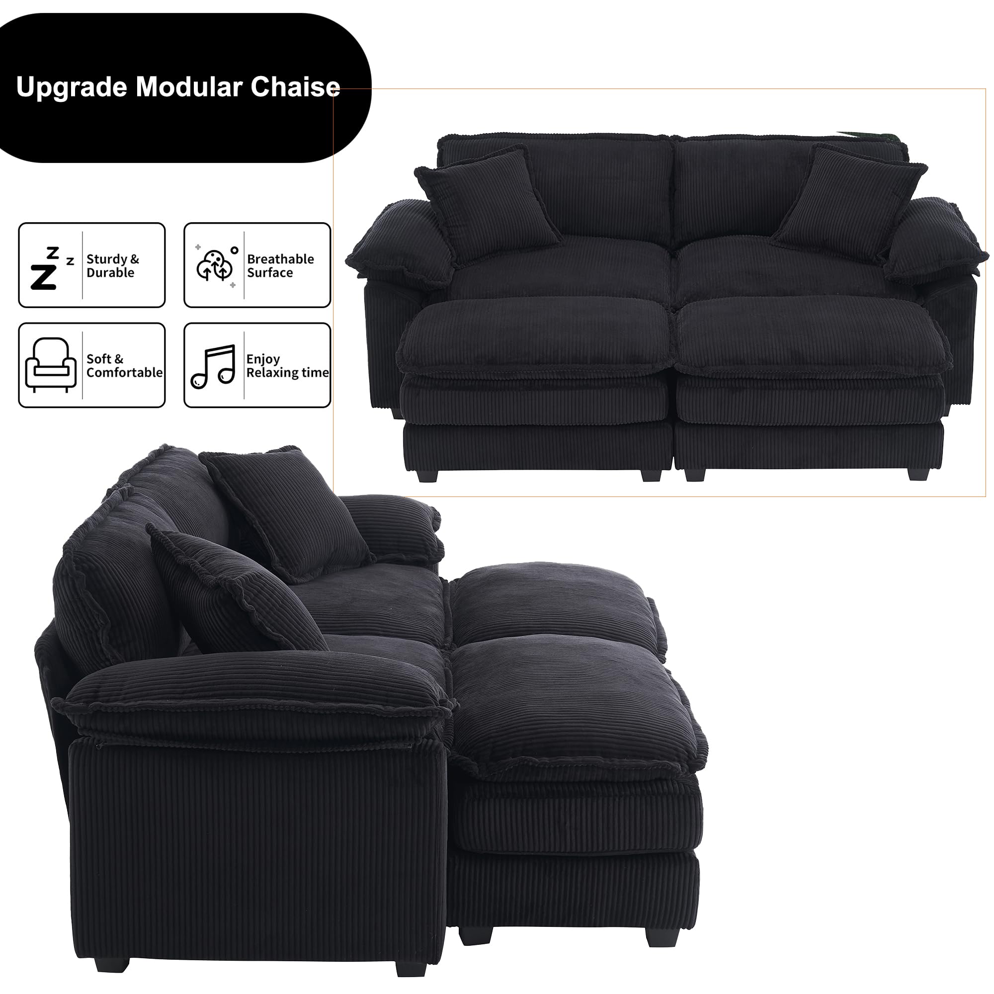 Corduroy Overstuffed Double Chaise Lounge, Oversized Modular 2 Seats Sofa Ottomans & Pillows,Comfy Deep Seat Cloud Couch for Living Room Bedroom Nursery (Black)
