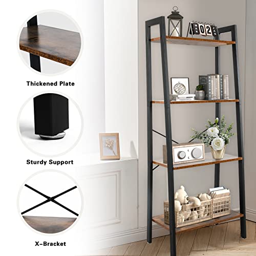 ECOMEX 4-Tier Ladder Shelf Industrial Bookshelf, Ladder Bookshelf Open Storage Rack Wood Ladder Shelf with Metal Frame, Freestanding Storage Shelves for Home Office, Bedroom (Rustic Brown)