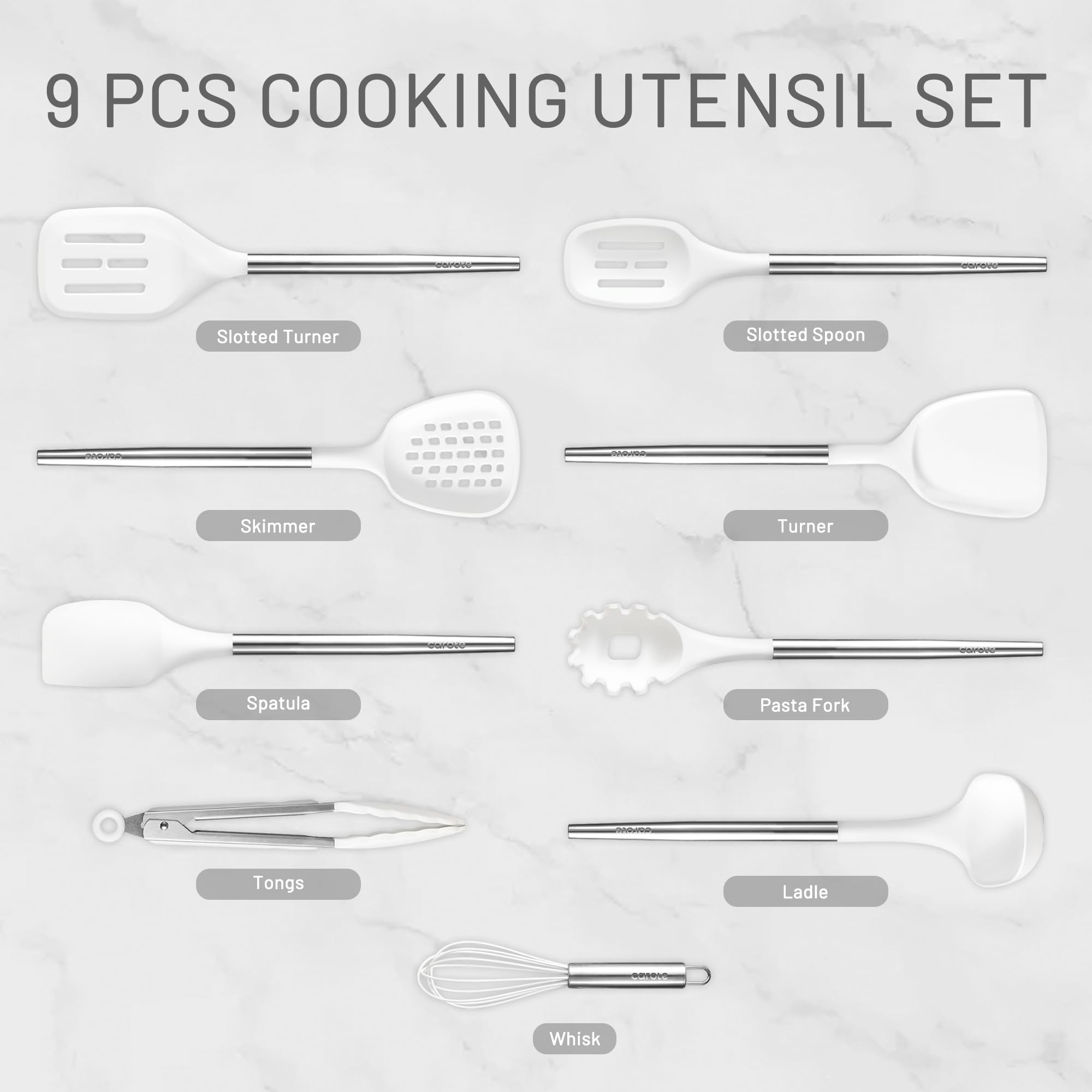 CAROTE 9PCS Kitchen Utensils Set, Silicone Kitchen Utensils Set with Stainless Steel Handle for Non-Stick Cookware Set, Dishwasher Safe, White