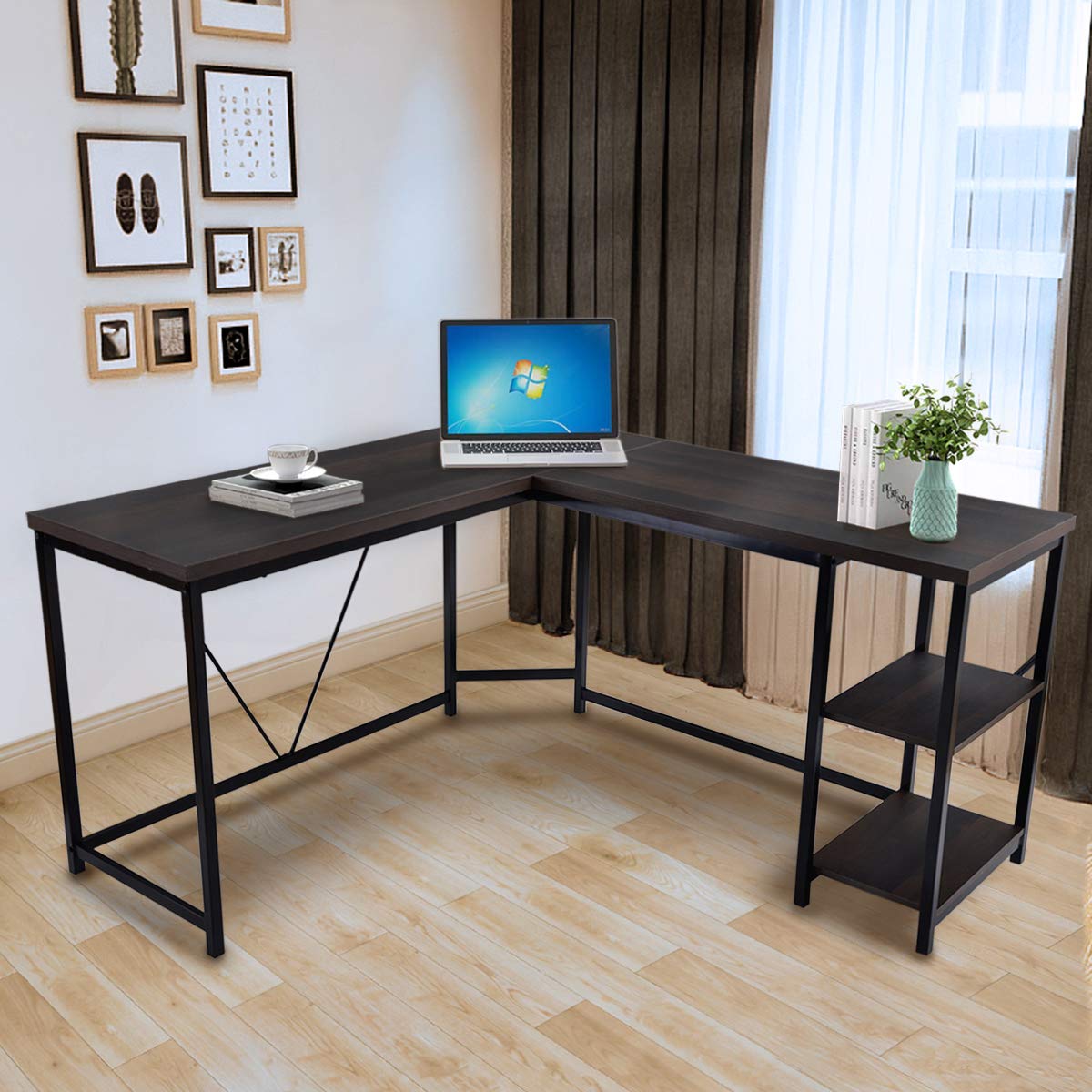 blackwolf Reversible L Shaped Desk with Shelves Computer Desk Gaming Table Workstation for Home Office