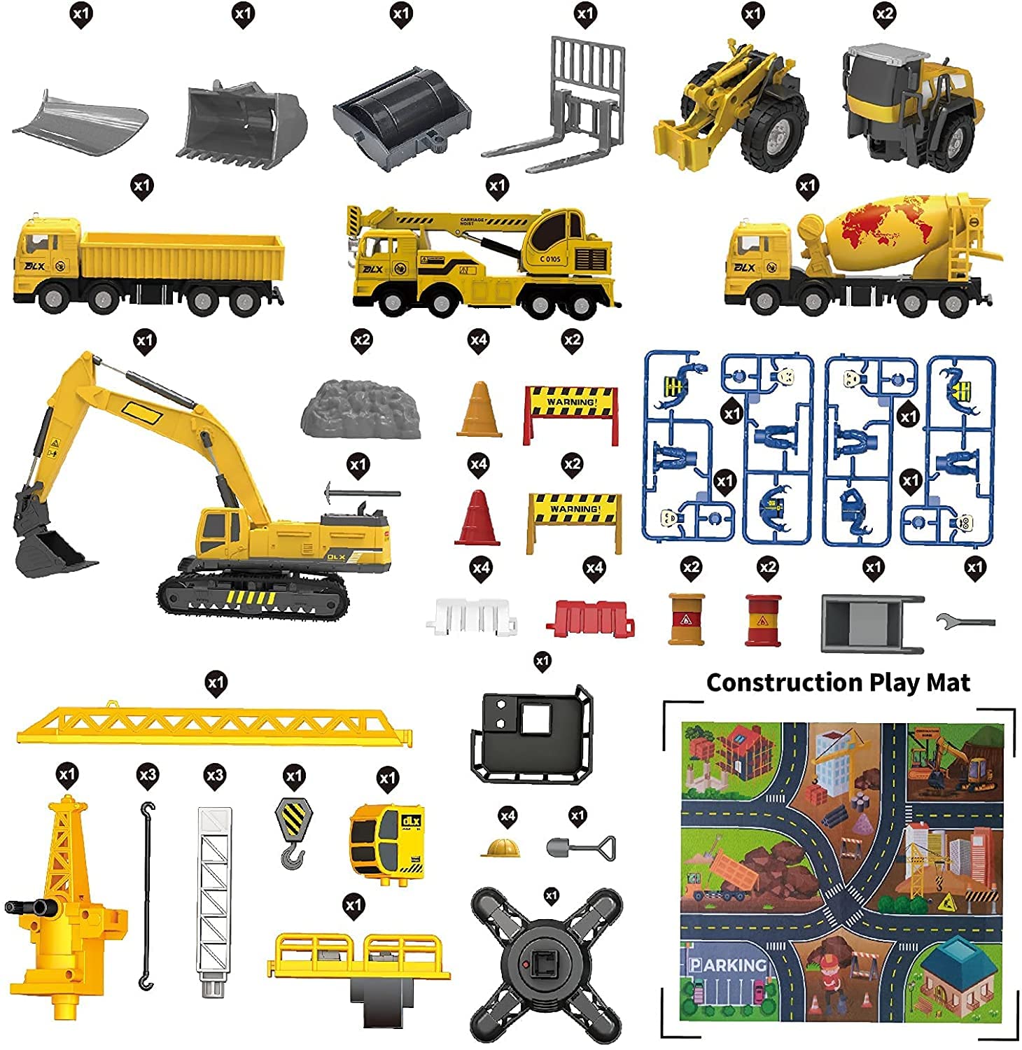 PANITU Construction Truck Toy Set with Game Mat and Storage Bucket, Kids Engineering Cargo Transport Vehicles Site Playset, Tractor, Crane, Dump Trucks, Excavator, Gift for 3 + Toddlers Boys Children