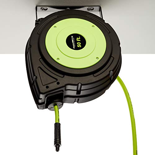 Flexzilla Retractable Enclosed Plastic Air Hose Reel, 3/8 in. x 50 ft., Heavy Duty, Lightweight, Hybrid, ZillaGreen - L8250FZ