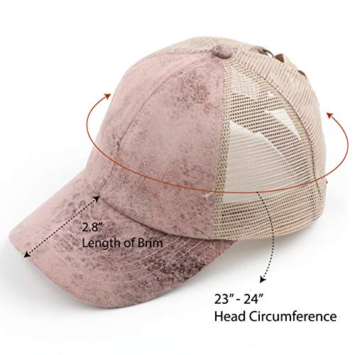 C.C Exclusives Washed Distressed Cotton Denim Criss-Cross Ponytail Hat Baseball Cap Bundle Hair Tie (BT-923) (A Elastic Band-Vintage Faux Leather Rose)