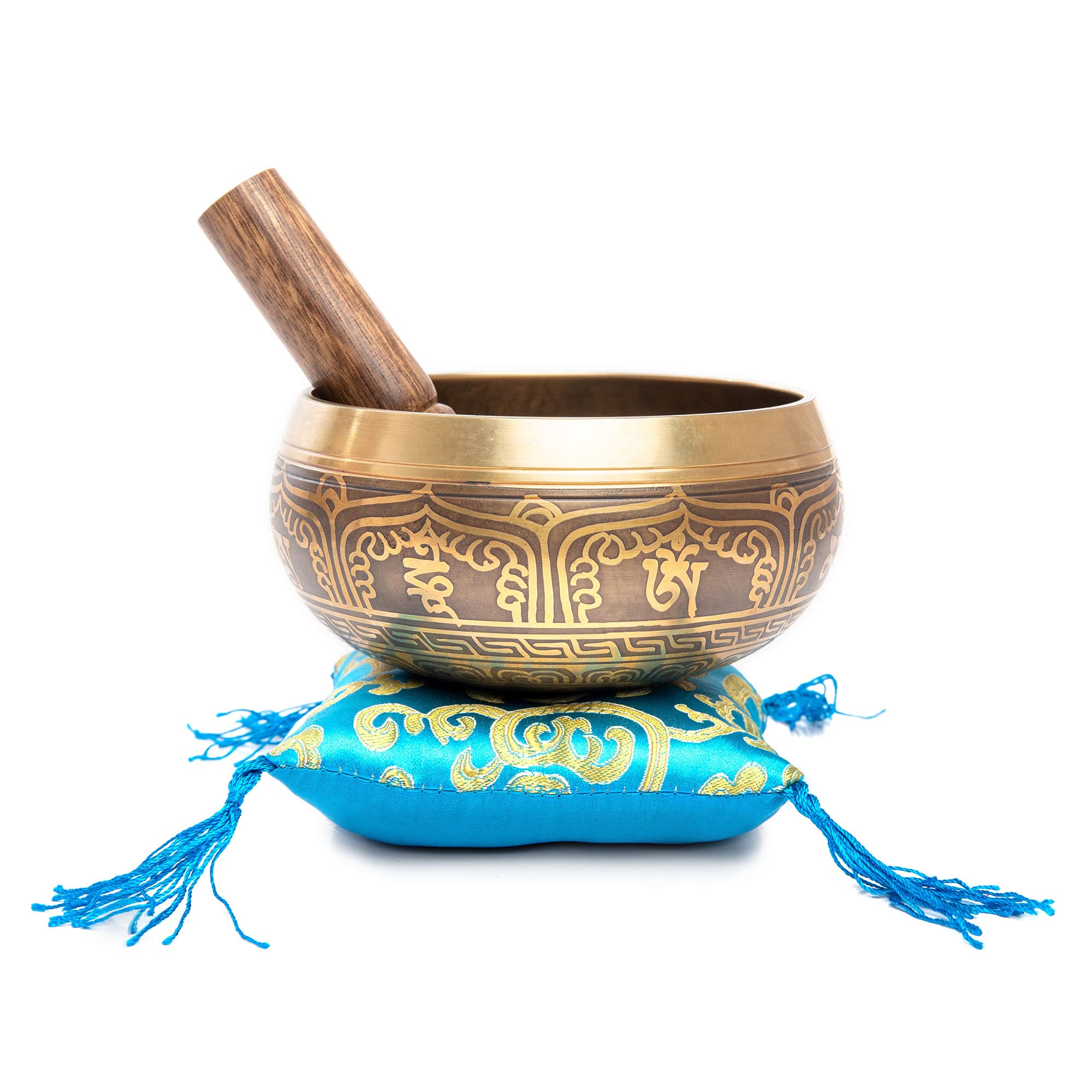 Tibetan Singing Bowl Set - Easy To Play Authentic Handcrafted For Meditation Sound Chakra Yoga Healing 4 Inches By Himalayan Bazaar (Gold & Turquoise)
