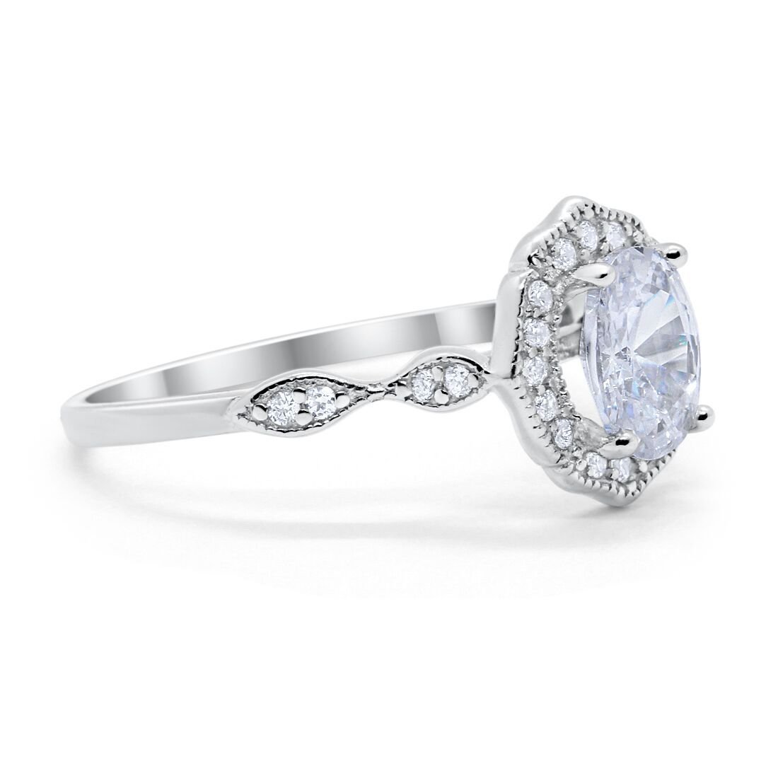 Blue Apple Co. Simulated Cubic Zirconia Size-5 Art Deco Antique Style Wedding Engagement Ring Oval Round CZ 925 Sterling Silver