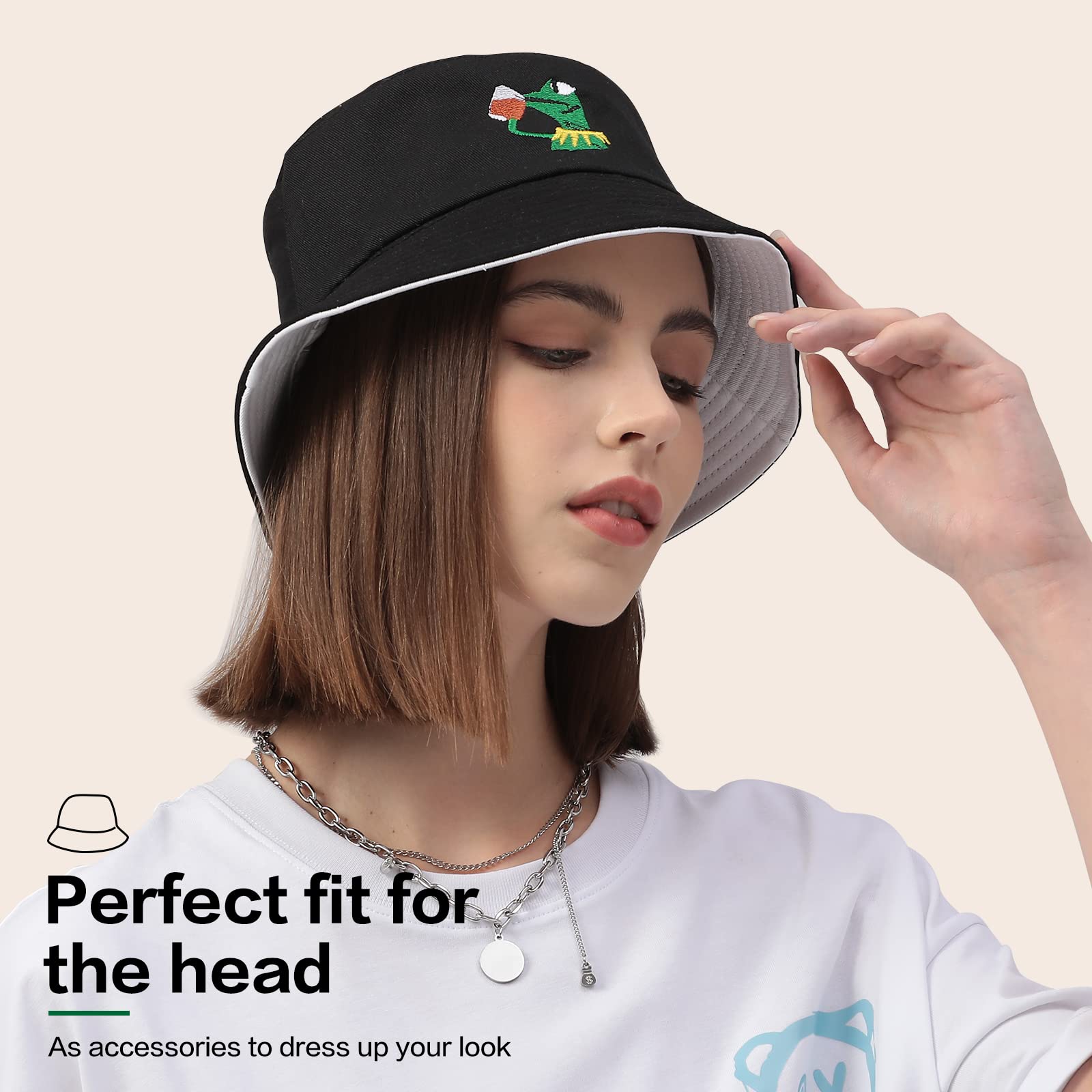 Bucket Hat for Women Men-kermit frog Embroidery Bucket Hat -Double Sided Wear Reversible Summer Sun Hat Black and White