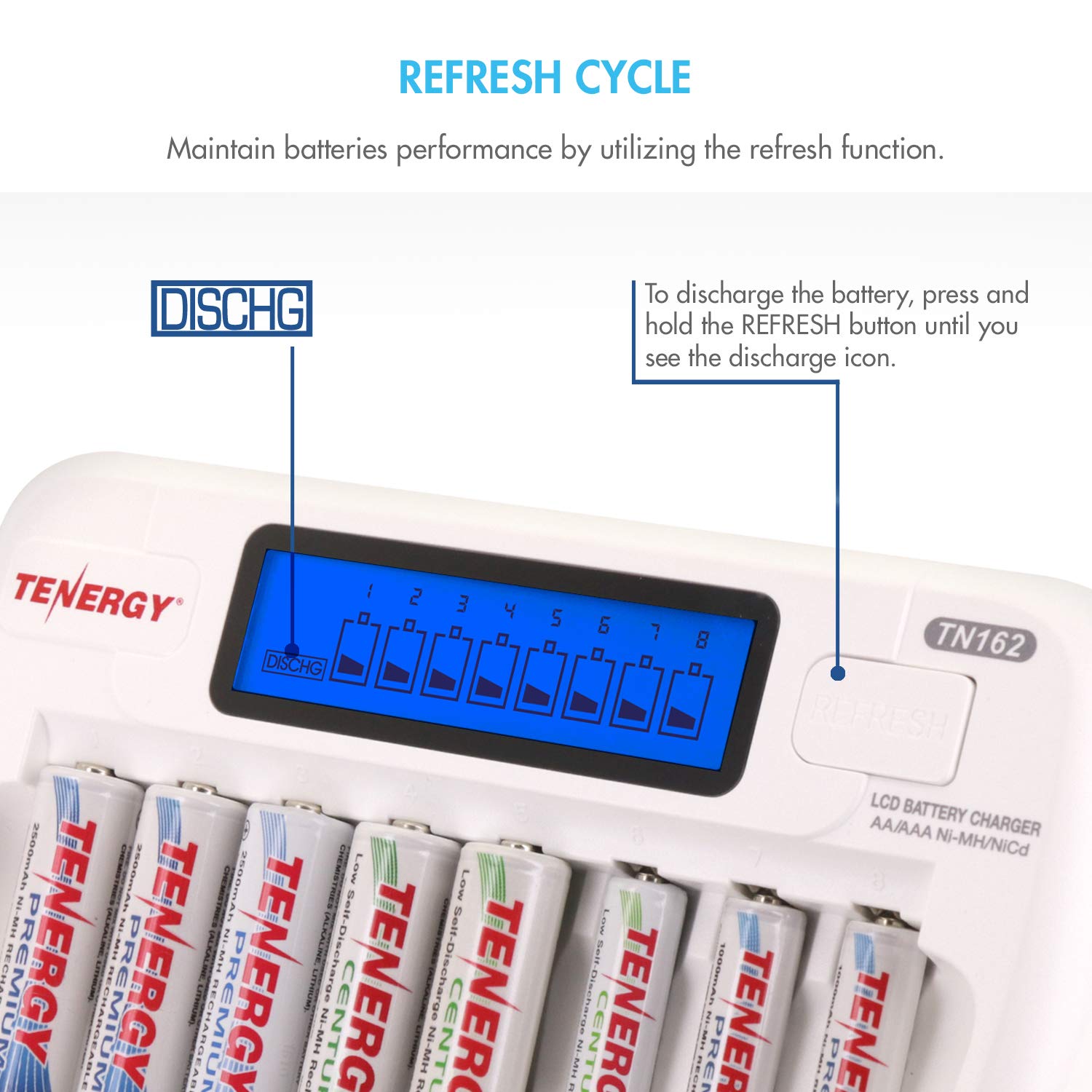 Tenergy AA AAA Rechargeable Battery and Charger Combo TN162 8-Bay Smart LCD AA/AAA NiMH/NiCd Charger + 8 AA & 8 AAA NiMH Rechargeable Batteries