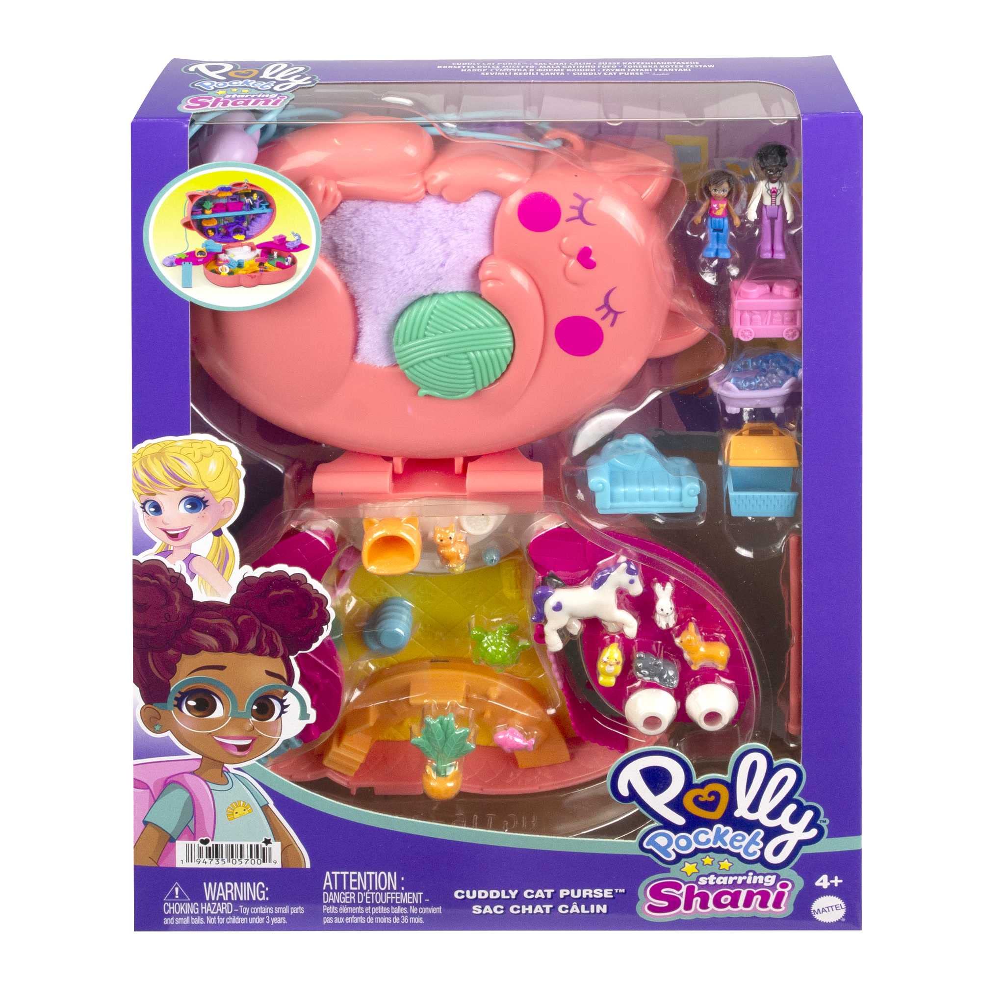 Polly Pocket Starring Shani Cuddly Cat Purse, Pet Vet Theme with 2 Micro Dolls & 18 Accessories, Pop & Swap Peg Feature, Great Gift for Ages 4 Years Old & Up, HGT16