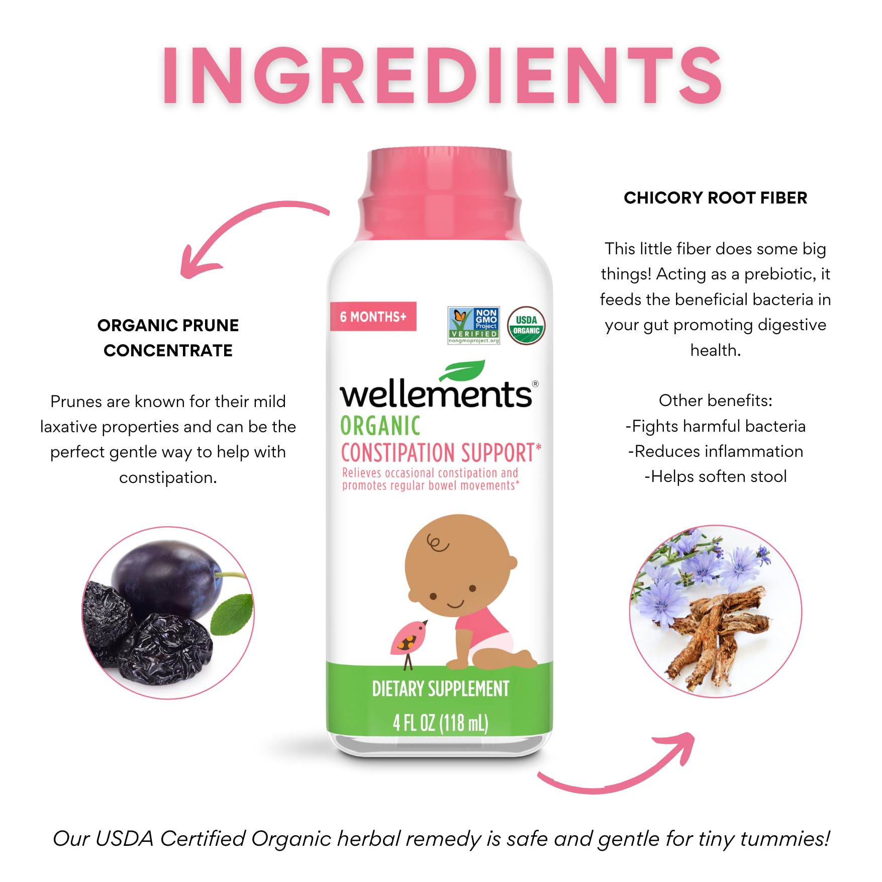 wellements Organic Baby Constipation Support Relieves Occasional Constipation for Infants & Toddlers, No Harsh Laxatives, USDA Certified Organic, 4 Fl Oz (Pack of 2), 6 Months +