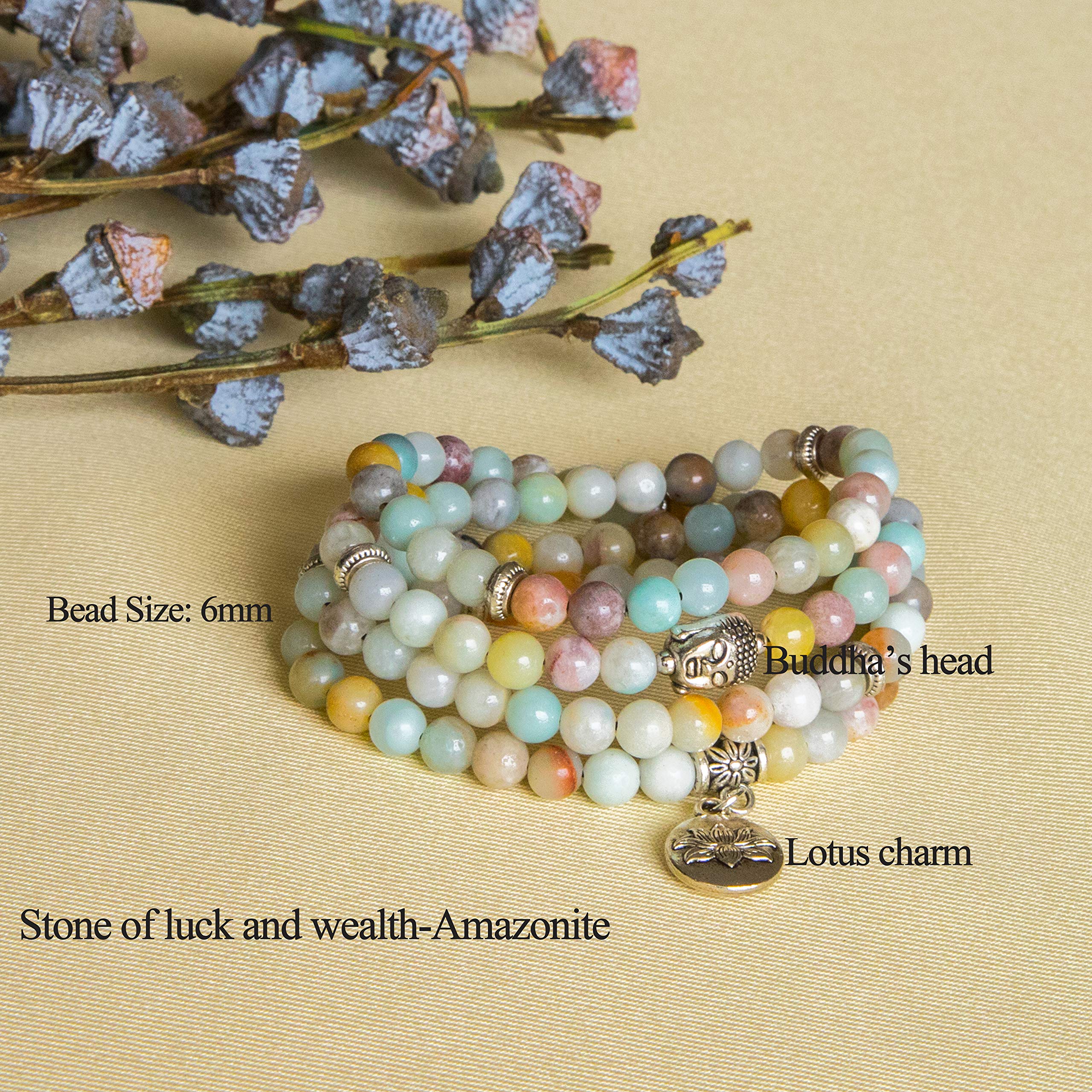 Bivei 108 Mala Beads Necklace Beaded Wrap Bracelets Genuine Gemstone Mala Prayer Beads Lotus Charm Yoga Meditation Necklace - -Amazonite