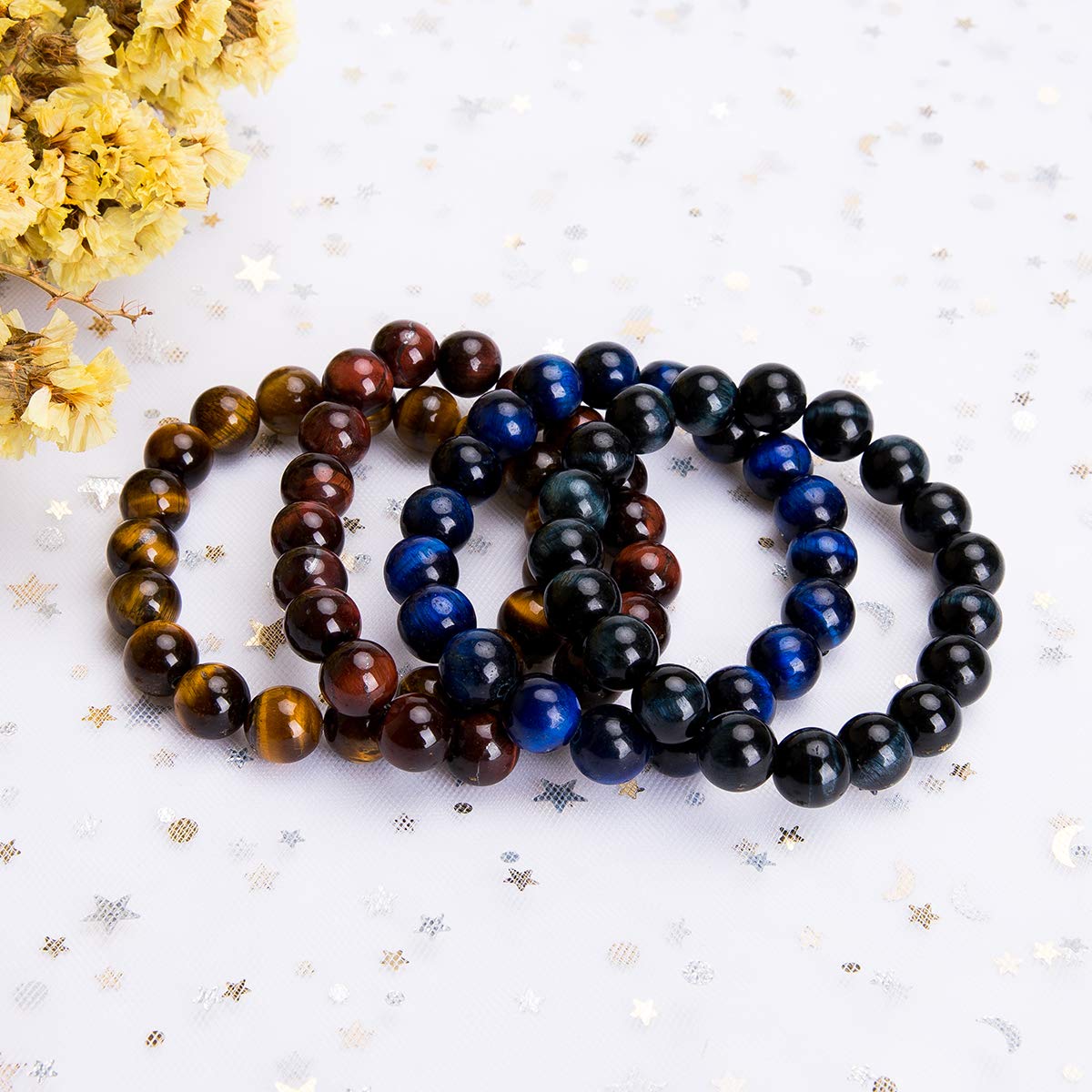 Bivei AA Quality Mens Womens 10MM Natural Tiger Eye Stone Gemstone Bead Meditation Healing Power Elastic Stretch Bracelet(Tiger Eye 4pc/Set)