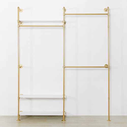 EDCB Modern Simple Industrial Pipe Clothing Rack Wall Mounted Hanging Rods Garment Bar with Shelves, Heavy Duty Garment Rack for Boutiques Retail Display (Glod, 92.1X76.8inch)