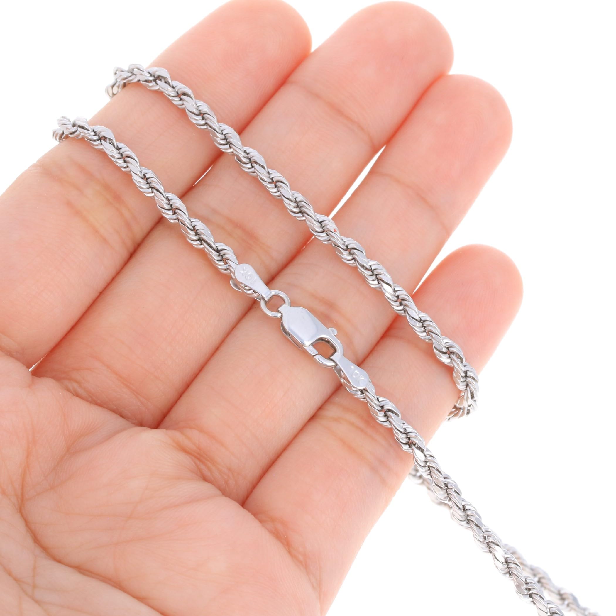 Nuragold 10k White Gold 3mm Rope Chain Diamond Cut Pendant Necklace, Mens Womens Jewelry 16" 18" 20" 22" 24" 26" 28" 30"