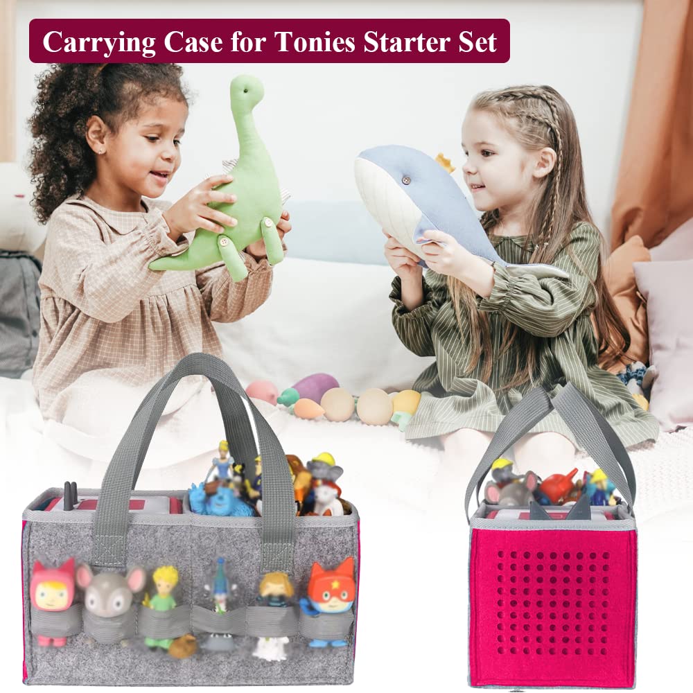 Carrying Case for Toniebox Tonies Starter Set & Audio Player Felt Cloth Portable Storage Bag Kids Travel Toy Organizer Tote Bags Handbag (Rose Red)