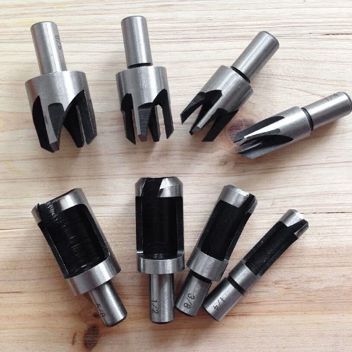 CLAHJQX 8pcs Wood Plug Cutter Drill Bit Set 5/8" 1/2" 3/8" 1/4" Straight & Tapered Claw Type Drill Bit Set Woodworking Hole Saw Cutting Tool
