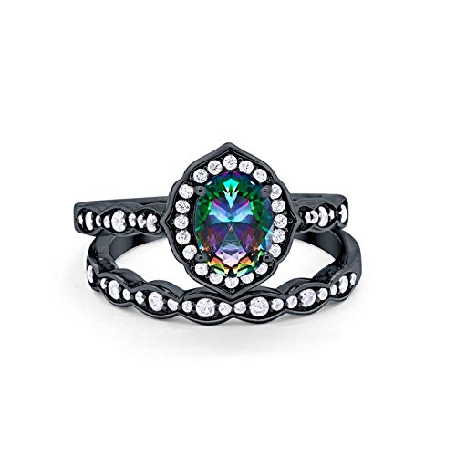 Blue Apple Co. Two Piece Art Deco Vintage Style Wedding Engagement Bridal Set Ring Band Oval Round Black Tone, Simulated Rainbow Cubic Zirconia 925 Sterling Silver Size-5