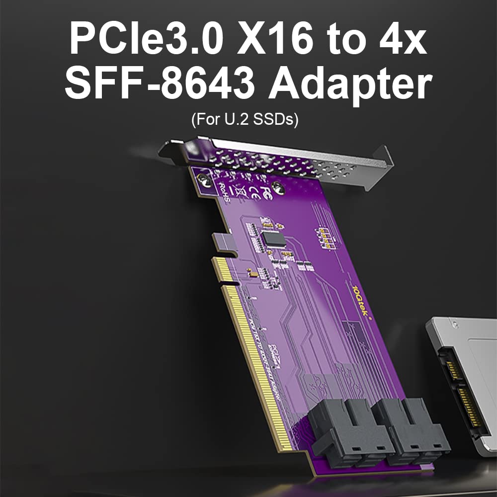 PCIe to SFF-8643 Adapter for U.2 SSD, X16, (4) SFF-8643,Requires Motherboard BIOS Support for Bifurcation. Support Windows 10/2016/2019, REHL/Cent0S 7/8, VMware ESXi 6/7, Ubuntu Linux 18/20/21, etc.